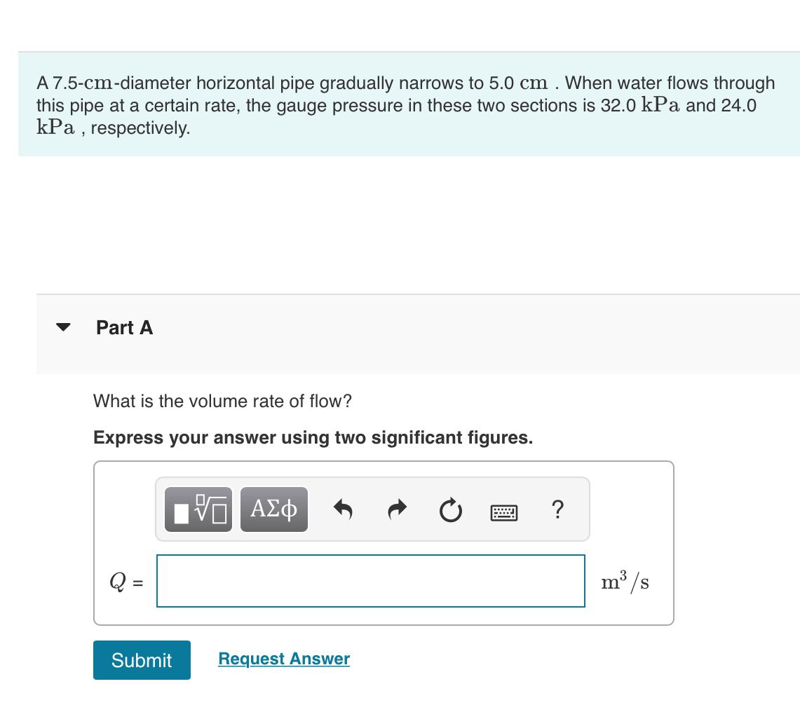 Solved A 7.5-cm-diameter horizontal pipe gradually narrows | Chegg.com