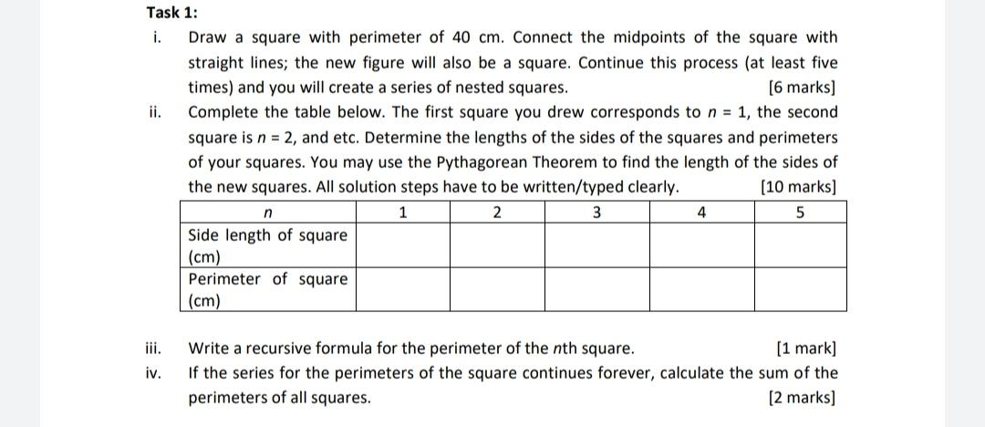 Solved Task 1: i. Draw a square with perimeter of 40 cm. | Chegg.com