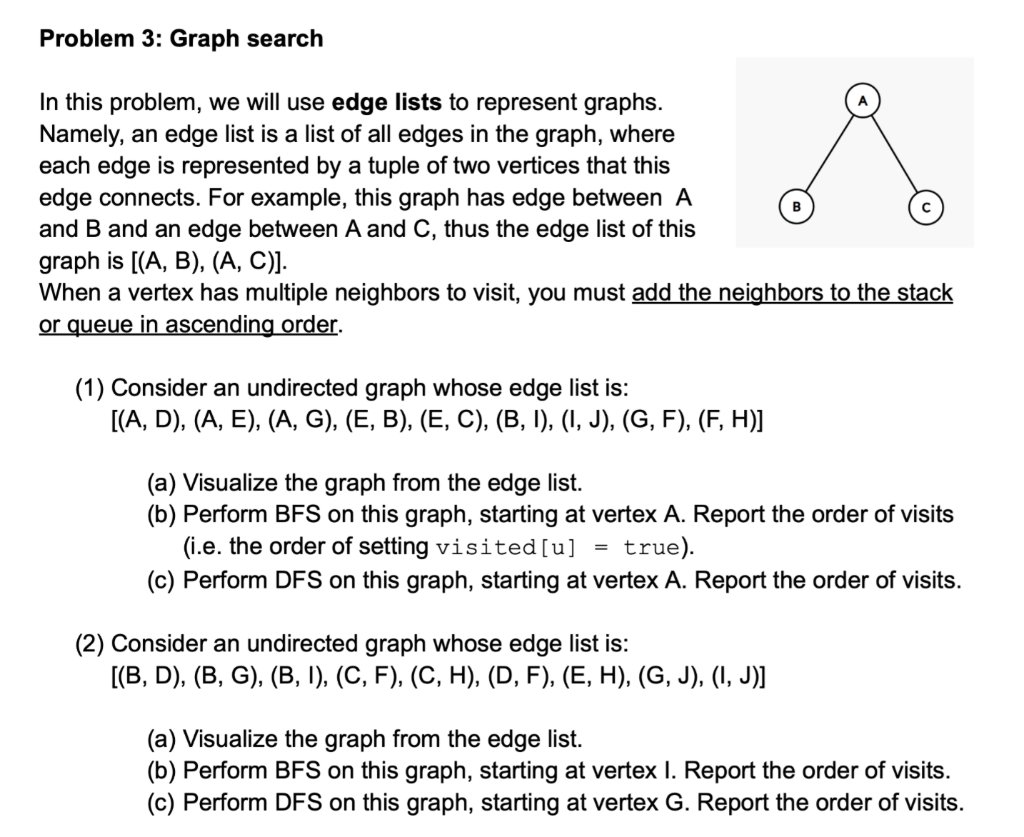 Solved Problem 3: Graph search In this problem, we will use | Chegg.com