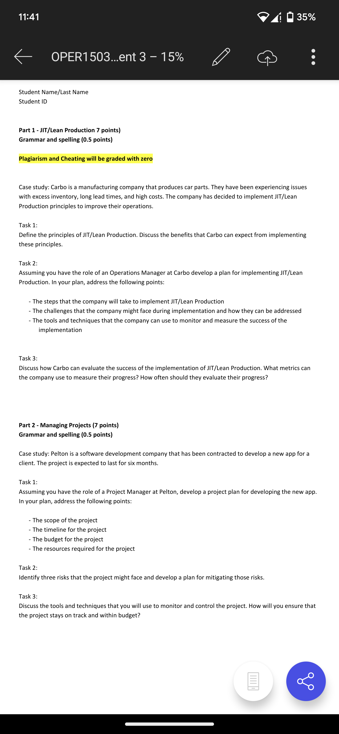 Solved Student ID Part 1 - JIT/Lean Production 7 points) | Chegg.com
