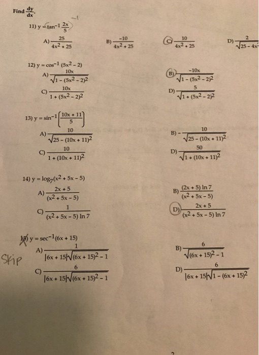 Solved Find dy dx 2x 11) y-tan-ls -10 D) 4x2+25 4x2+25 4x2 | Chegg.com