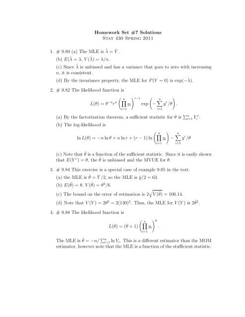Homework Set \# 7 Solutions STAT 430 SpRING 2011 1. | Chegg.com