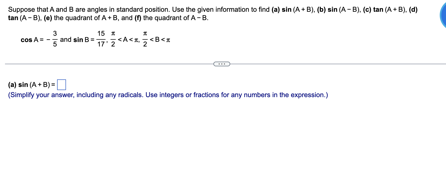 Solved Suppose that A and B are angles in standard position. | Chegg.com