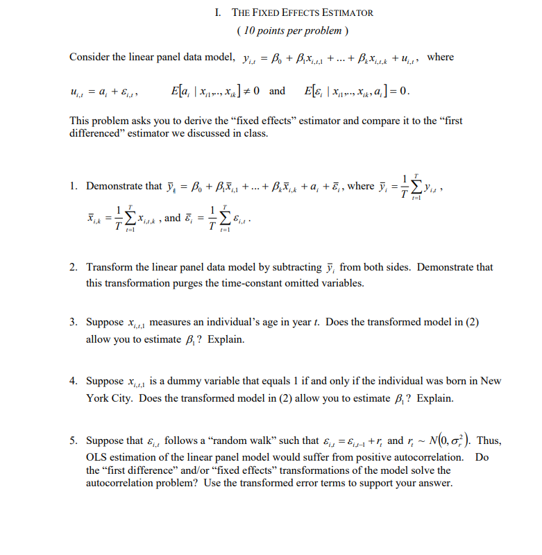 I. THE FIXED EFFECTS ESTIMATOR (10 points per | Chegg.com
