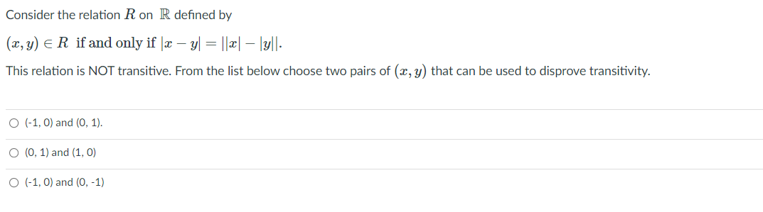 Solved Consider the relation Ron R defined by (x, y) = R if | Chegg.com