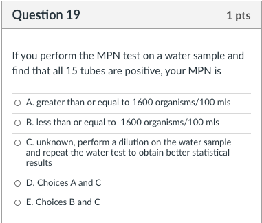 Solved Question 19 1 pts If you perform the MPN test on a | Chegg.com