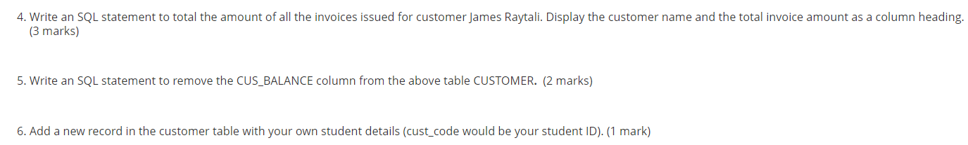 Solved Table CUSTOMER CUS_CODE 10010 10011 10012 10013 10014 | Chegg.com