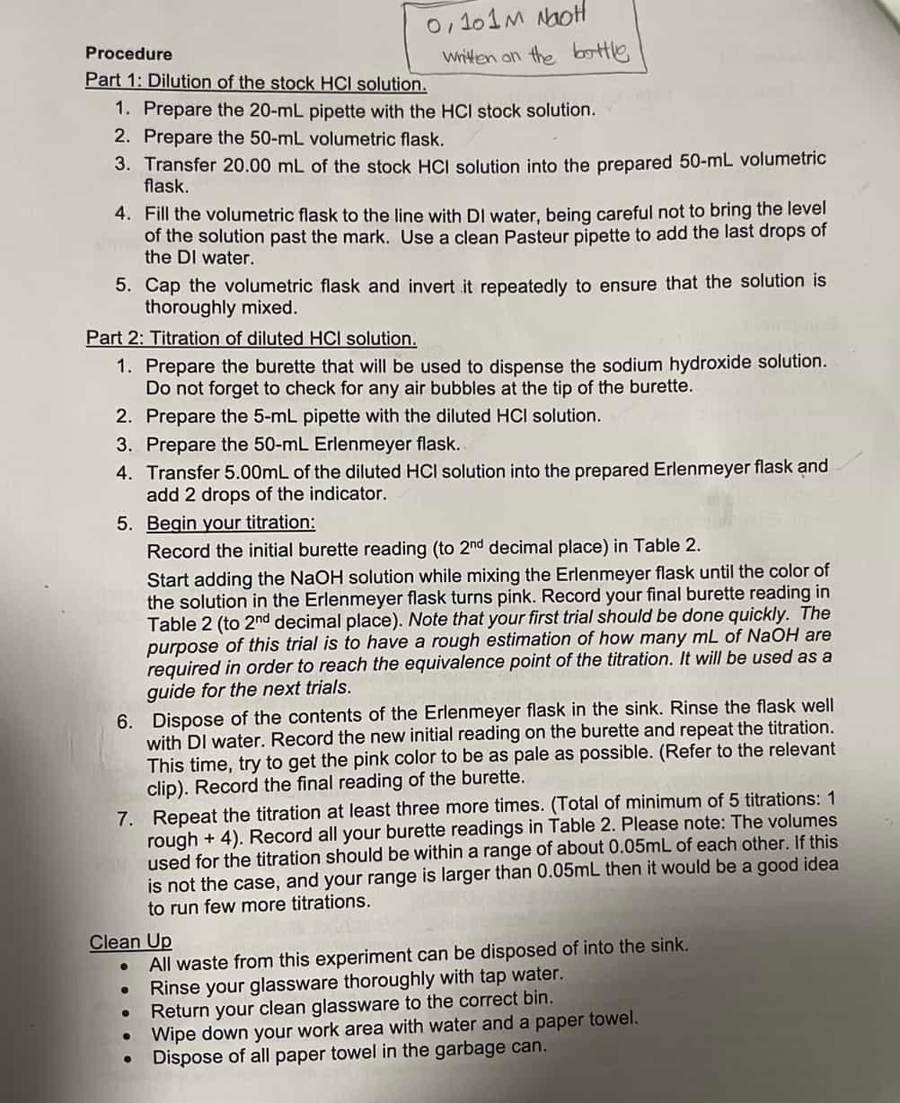 Solved Procedure Part 1: Dilution of the stock HCl solution. | Chegg.com