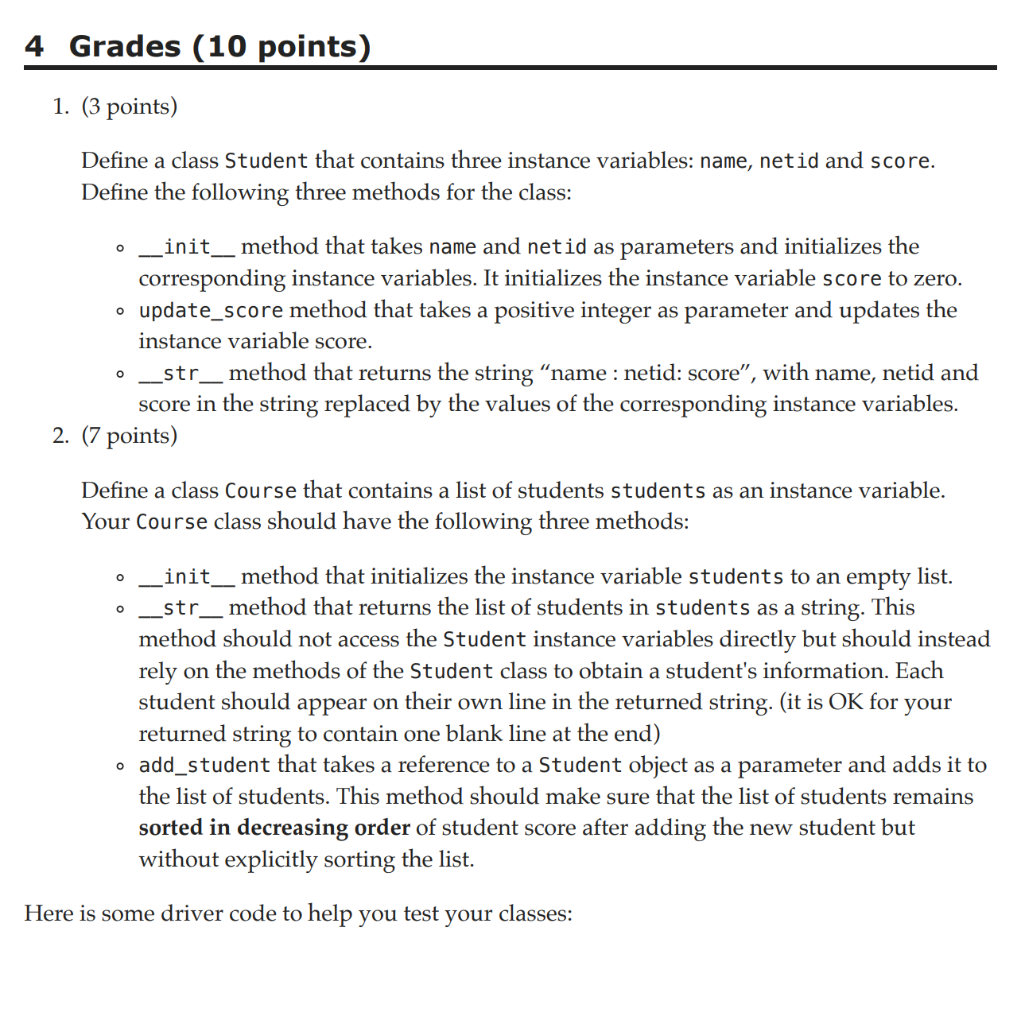 Solved 4 Grades (10 points) 1. (3 points) Define a class | Chegg.com
