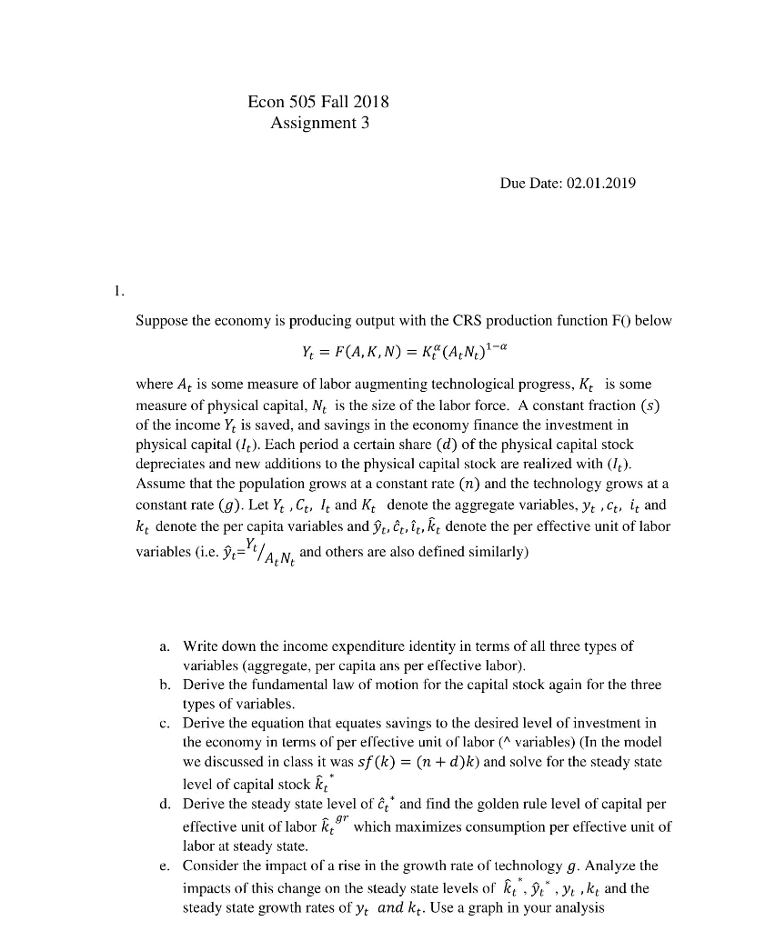 Econ 505 Fall 2018 Assignment 3 Due Date: 02.01.2019 | Chegg.com