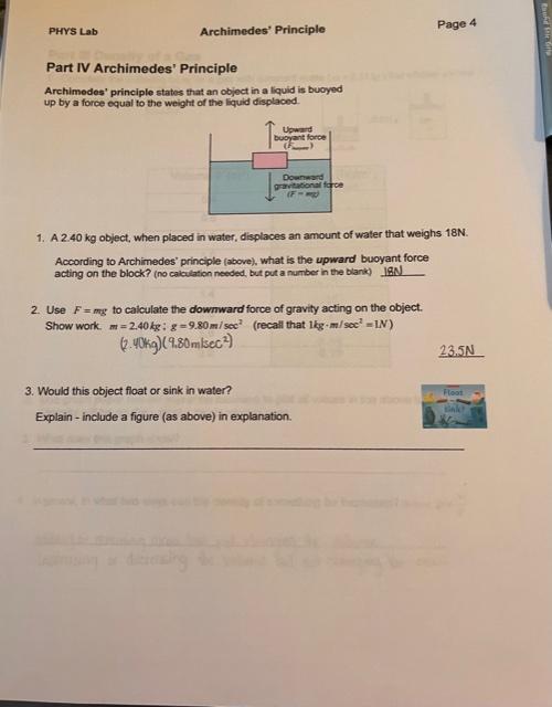 Solved PHYS Lab Archimedes' Principle Page 4 Part IV | Chegg.com