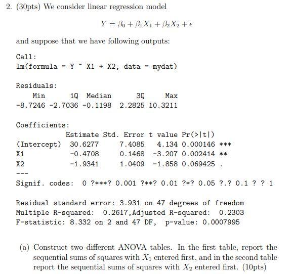 2. (30pts) We consider linear regression model Y = Bo | Chegg.com