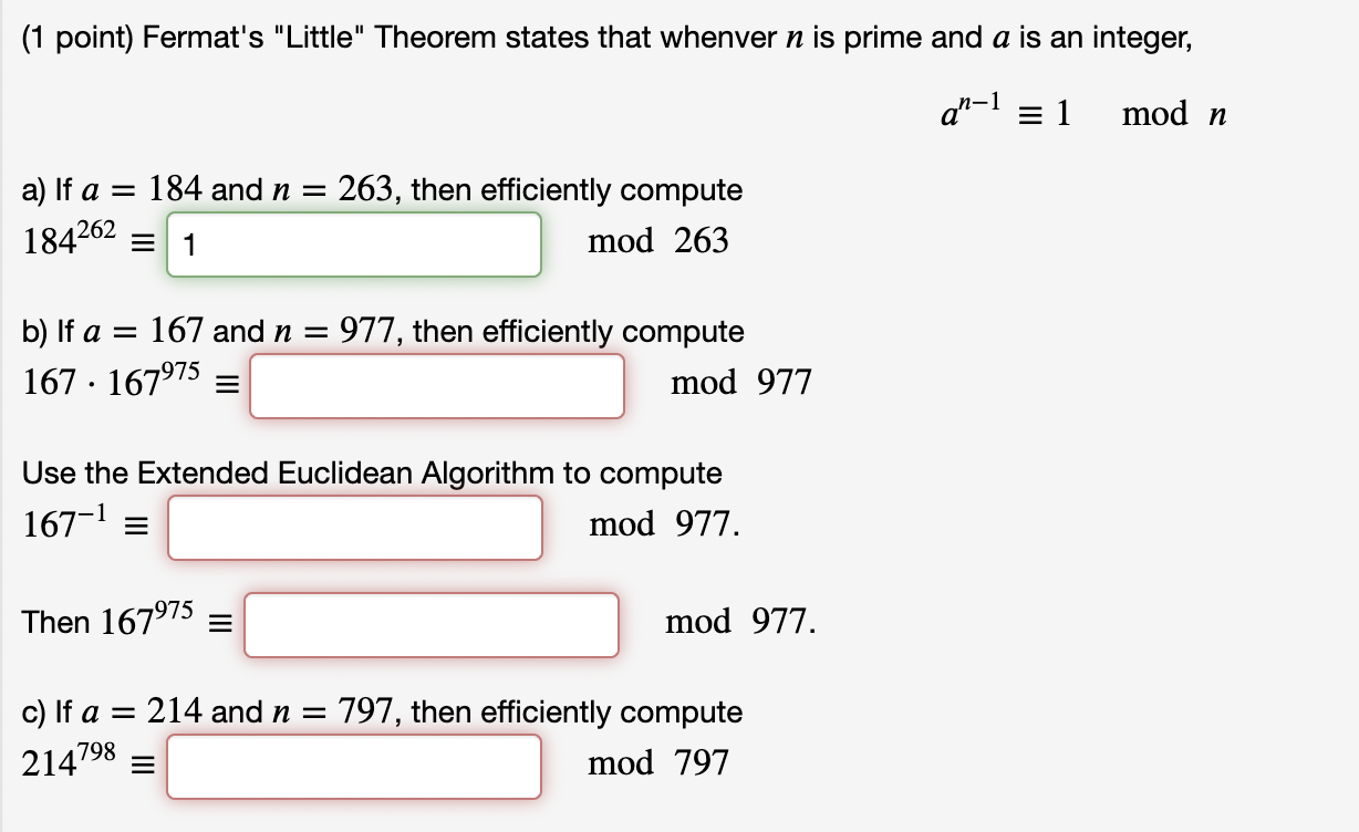 Solved (1 ﻿point) ﻿Fermat's "Little" Theorem states that | Chegg.com