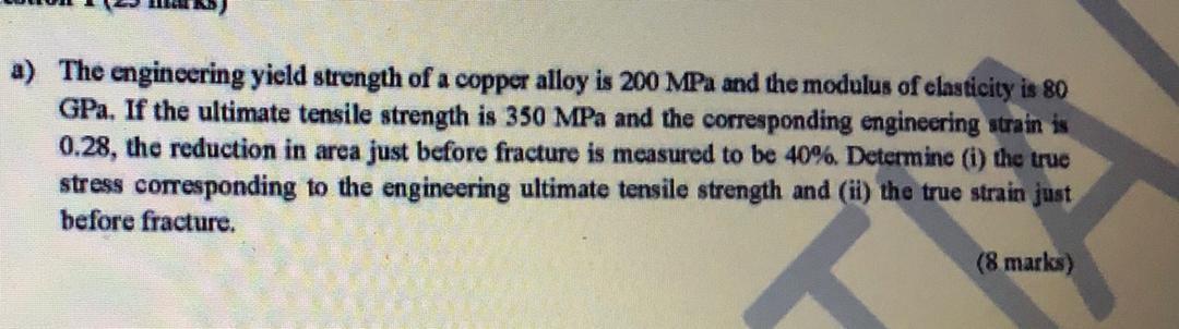 Solved a) The engineering yield strength of a copper alloy | Chegg.com