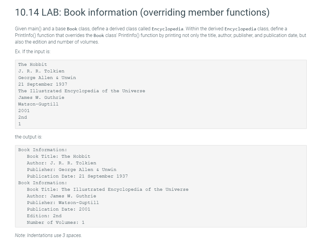 Solved 10.14 LAB: Book information (overriding member | Chegg.com