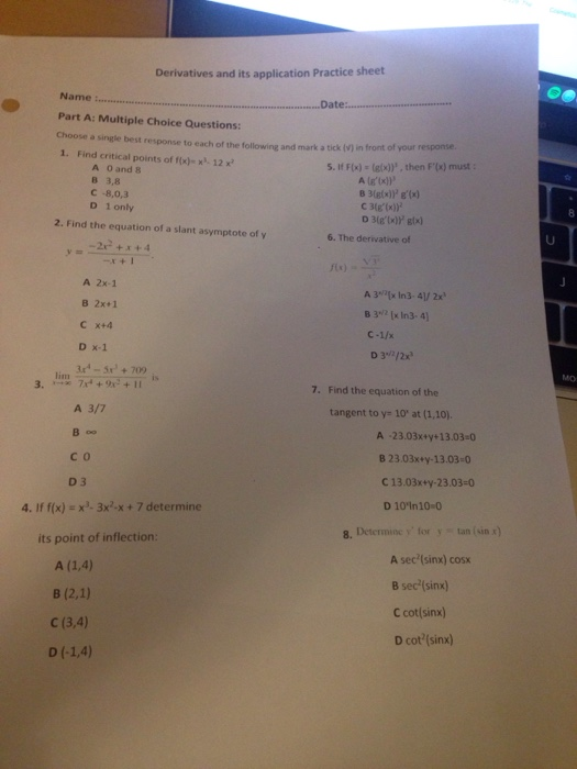 Solved Derivatives and its application Practice sheet Name | Chegg.com