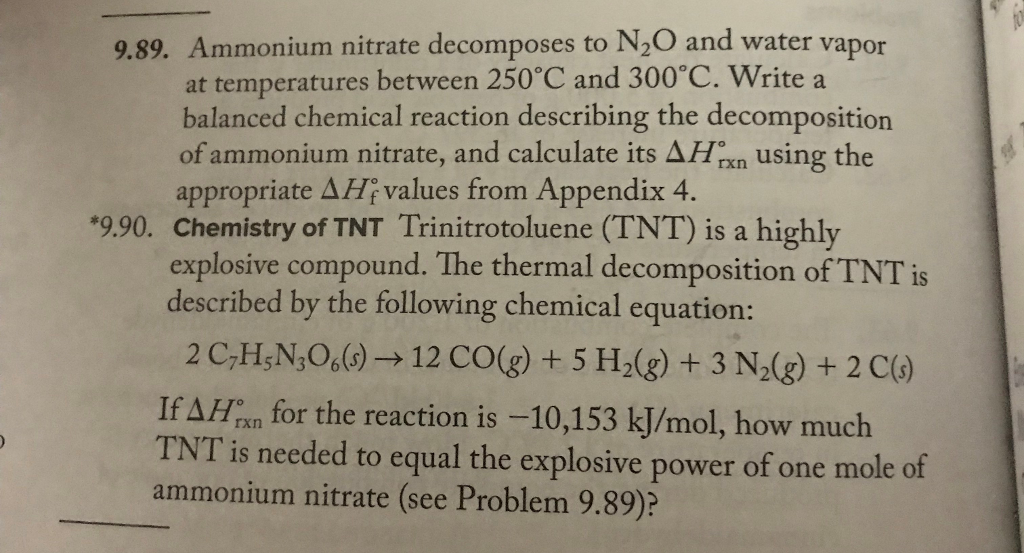 Solved 9.89. Ammonium nitrate decomposes to N2O and water | Chegg.com