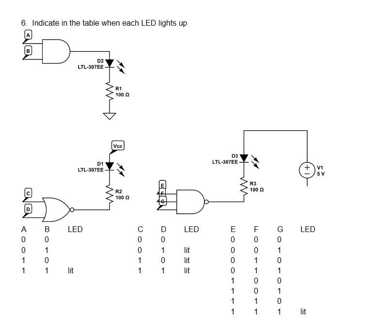 Solved 6. ﻿Indicate in the table when each LED lights up | Chegg.com