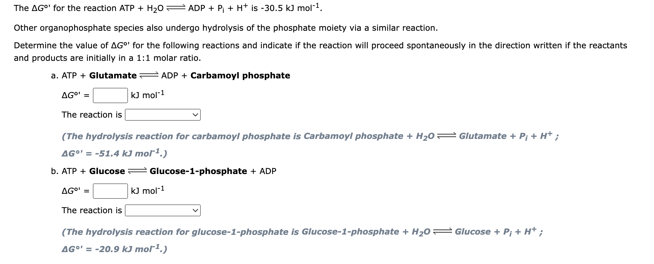 Solved ΔG∘ for the reaction ATP +H2O⇌ADP+Pi+H+is −30.5 kJ | Chegg.com