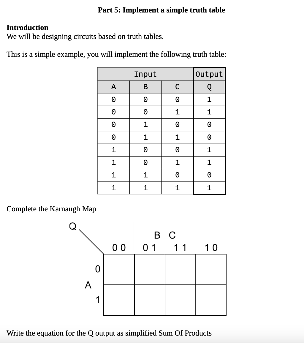 Solved Part 5: Implement a simple truth table Introduction | Chegg.com