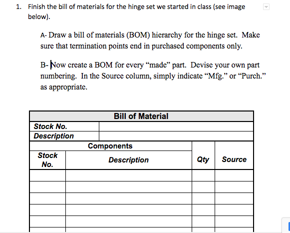 Solved 1. Finish the bill of materials for the hinge set we | Chegg.com