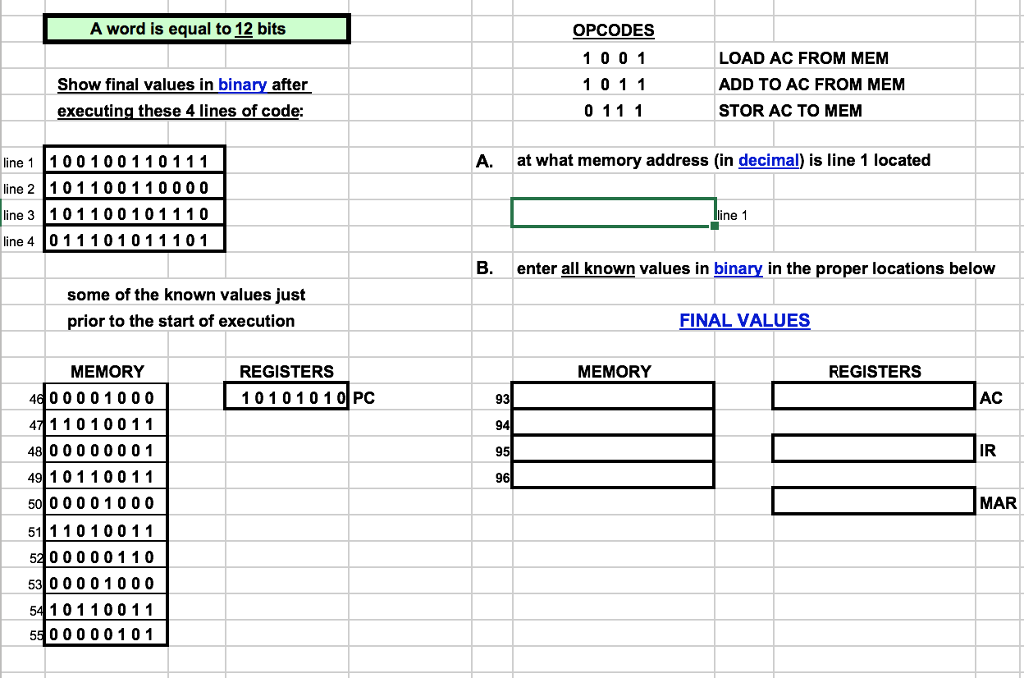 Solved A word is equal to 12 bits OPCODES 1 0 01 1011 011 1 | Chegg.com
