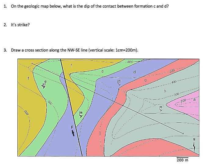 Solved 1. On the geologic map below, what is the dip of the | Chegg.com