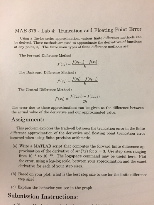 Solved MAE 376-Lab 4: Truncation and Floating Point Error | Chegg.com