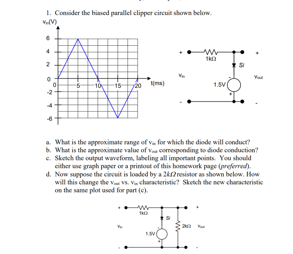 Solved 1. Consider the biased parallel clipper circuit shown | Chegg.com Solved 1. Consider the biased parallel clipper circuit shown | Chegg.com