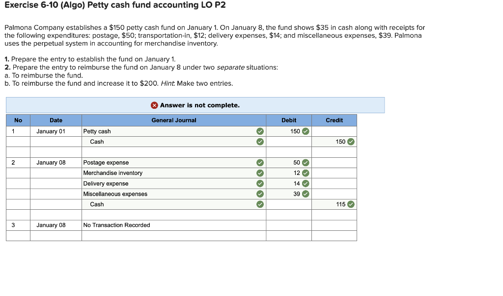 Solved Exercise 6-10 (Algo) Petty cash fund accounting LO P2 | Chegg.com