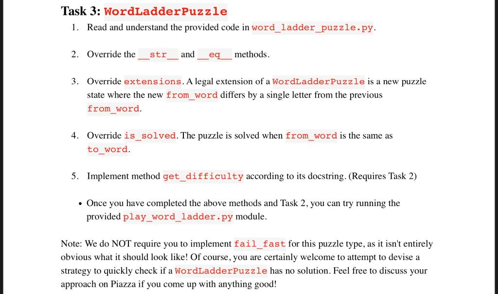 Solved Task 3: WordLadder Puzzle 1. Read and understand the | Chegg.com
