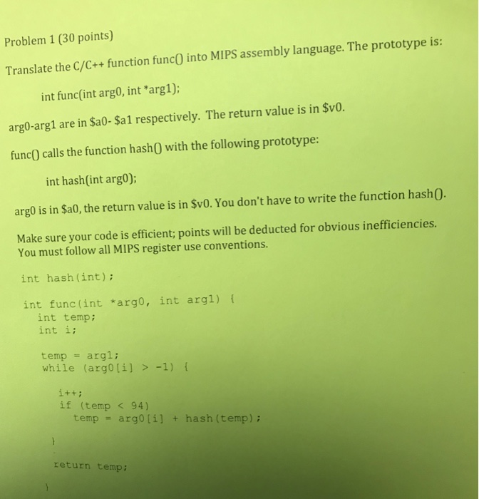 Solved Problem 1 (30 points) Translate the C/C++ function | Chegg.com