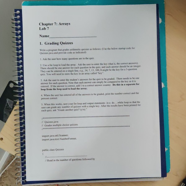 Solved Chapter 7: Arrays Lab 7 Name 1. Grading Quizzes Write | Chegg.com