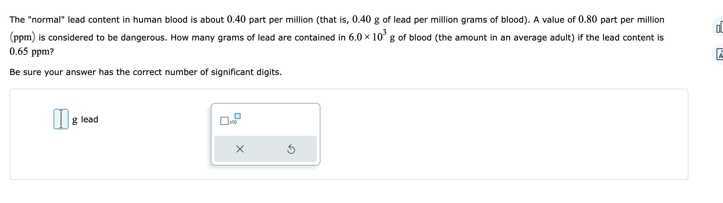 Solved The "normal" lead content in human blood is about | Chegg.com