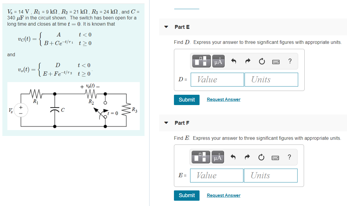 Solved Vs = 14 V, R1 = 9 k2, R2 = 21 kN, R3 = 24 k2, and C = | Chegg.com