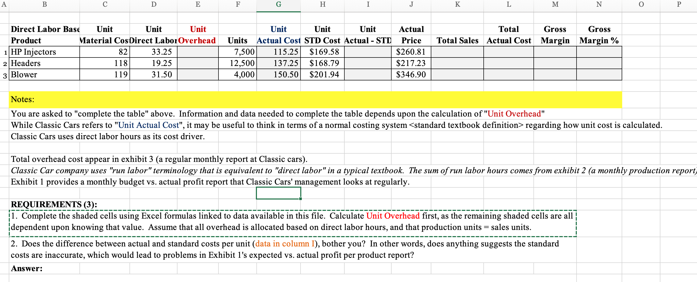 1. Complete the shaded cells using Excel formulas | Chegg.com
