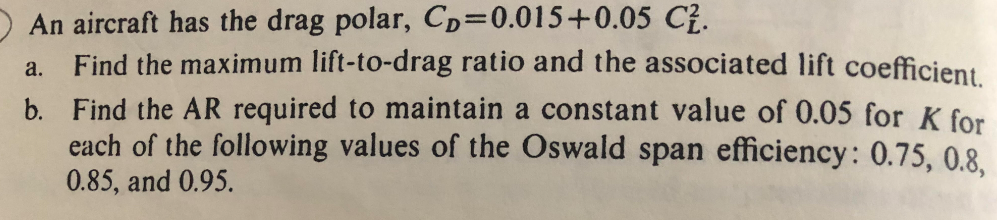 Solved An aircraft has the drag polar, C_D =0.015+0.05 | Chegg.com