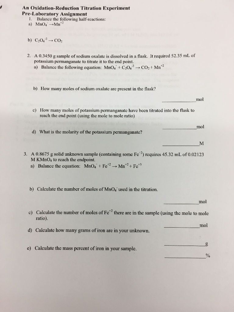 Solved An Oxidation-Reduction Titration Experiment | Chegg.com