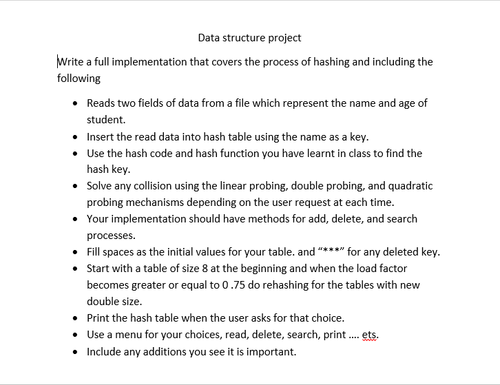 Data structure project Write a full implementation | Chegg.com