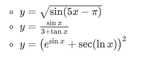 Solved y=sin(5x−π) y=3+tanxsinx y=(esinx+sec(lnx))2 | Chegg.com