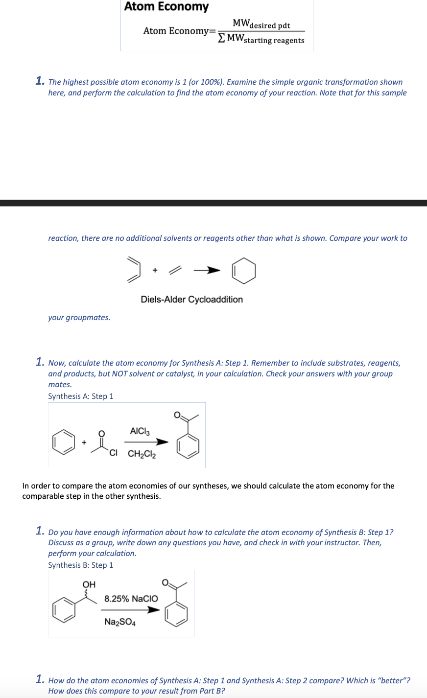 Solved Atom Economy Atom Economy= MW desired pdt MWstarting | Chegg.com
