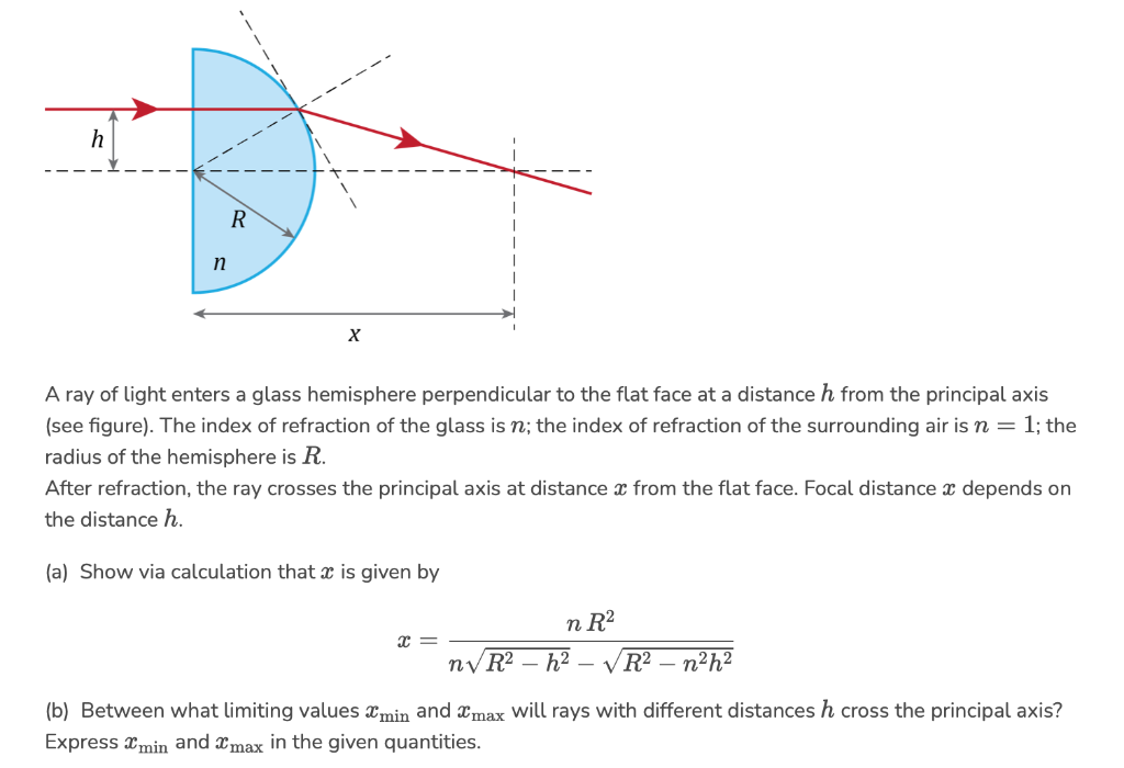 Solved h R n X A ray of light enters a glass hemisphere | Chegg.com