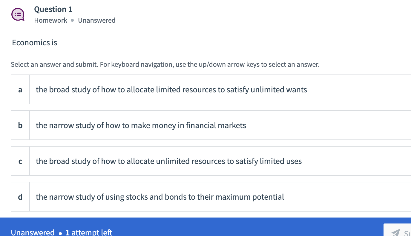 Solved Question 1 Homework • Unanswered Economics is Select | Chegg.com
