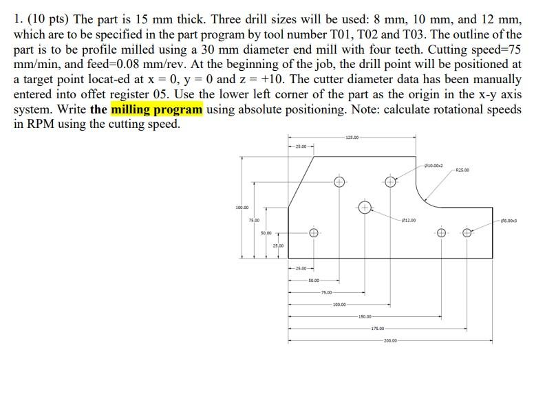 Solved 1. (10 pts) The part is 15 mm thick. Three drill | Chegg.com