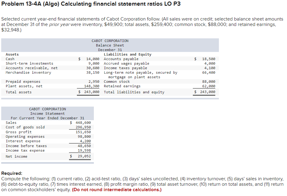 Solved Problem 13-4A (Algo) Calculating financial statement | Chegg.com