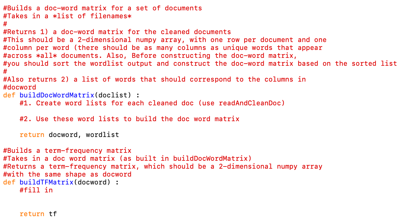 Solved #Builds a doc-word matrix for a set of documents | Chegg.com