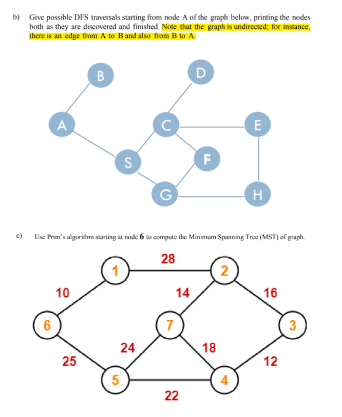 Solved b) Give possible DFS traversals starting from node A | Chegg.com