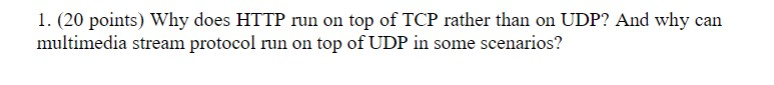 Solved 1. (20 points) Why does HTTP run on top of TCP rather | Chegg.com