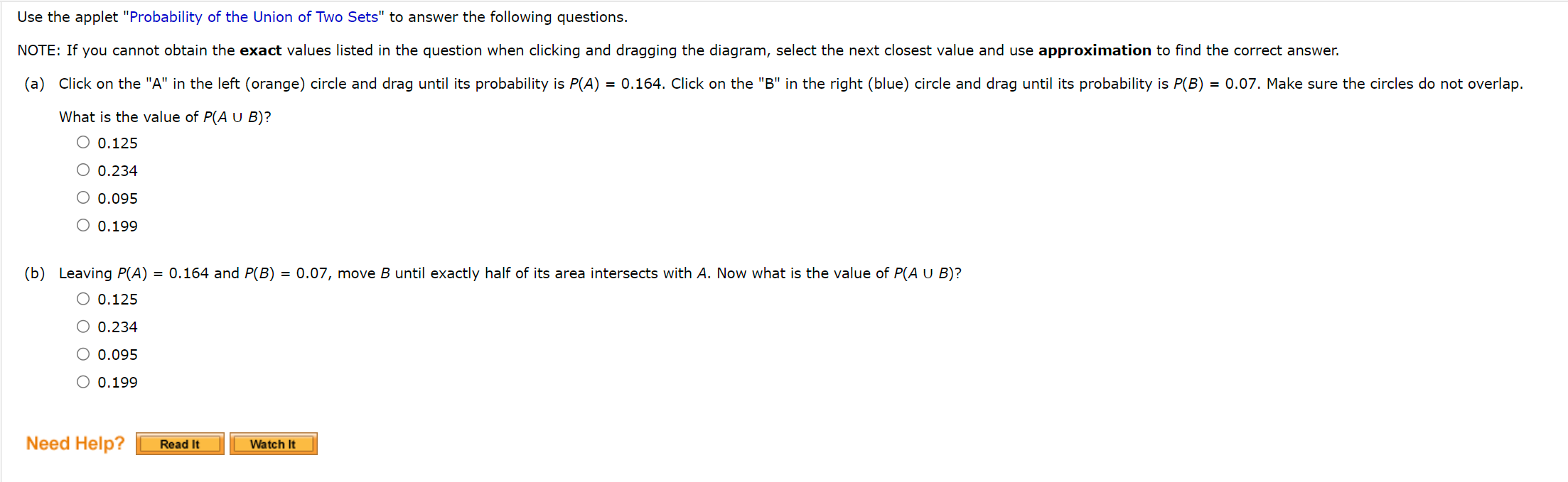 Solved Use the applet "Probability of the Union of Two Sets" | Chegg.com