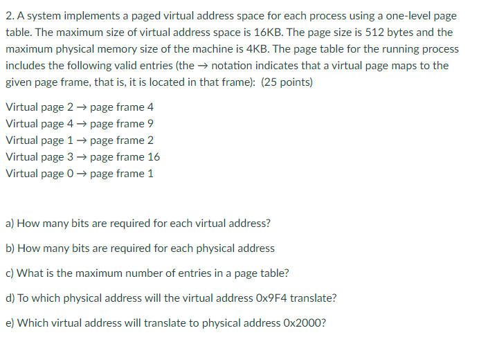 Solved 2. A system implements a paged virtual address space | Chegg.com